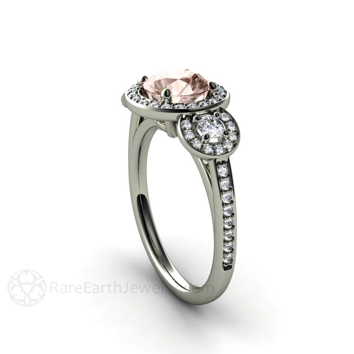 Morganite Engagement Ring 3 Stone Round Diamond Halo Morganite - Etsy