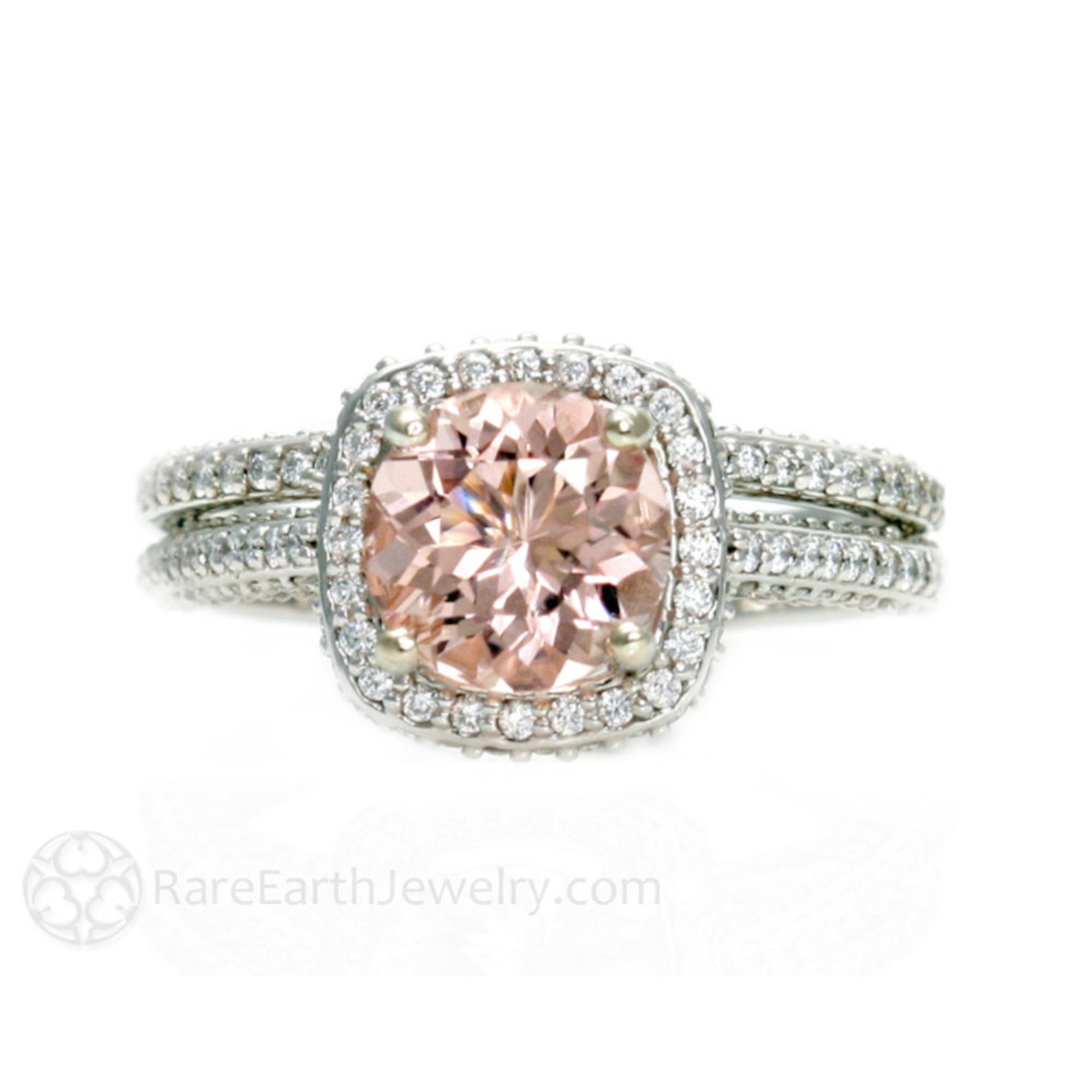 18K Morganite Wedding Set Diamond Halo Morganite Engagement Ring 18K ...