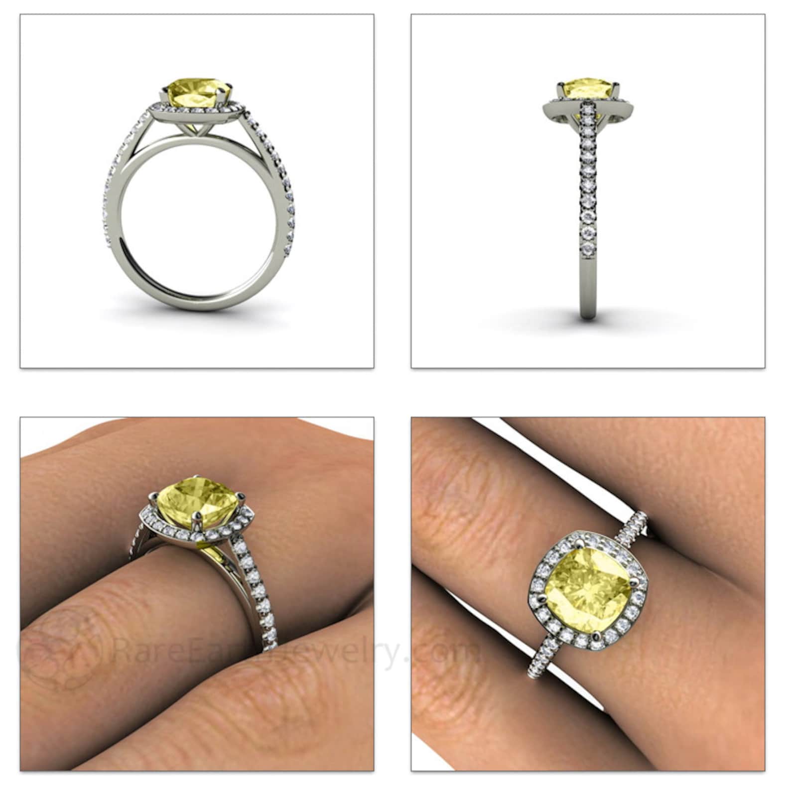 Lemon Quartz Ring Yellow Stone Engagement Ring With Diamond Halo ...