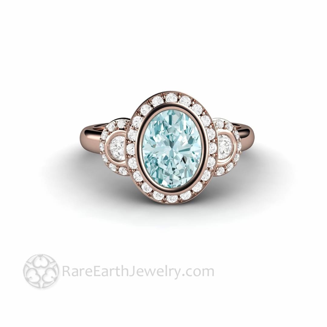 Art Deco Aquamarine Engagement Ring Oval Cut Aquamarine Ring Bezel Set ...