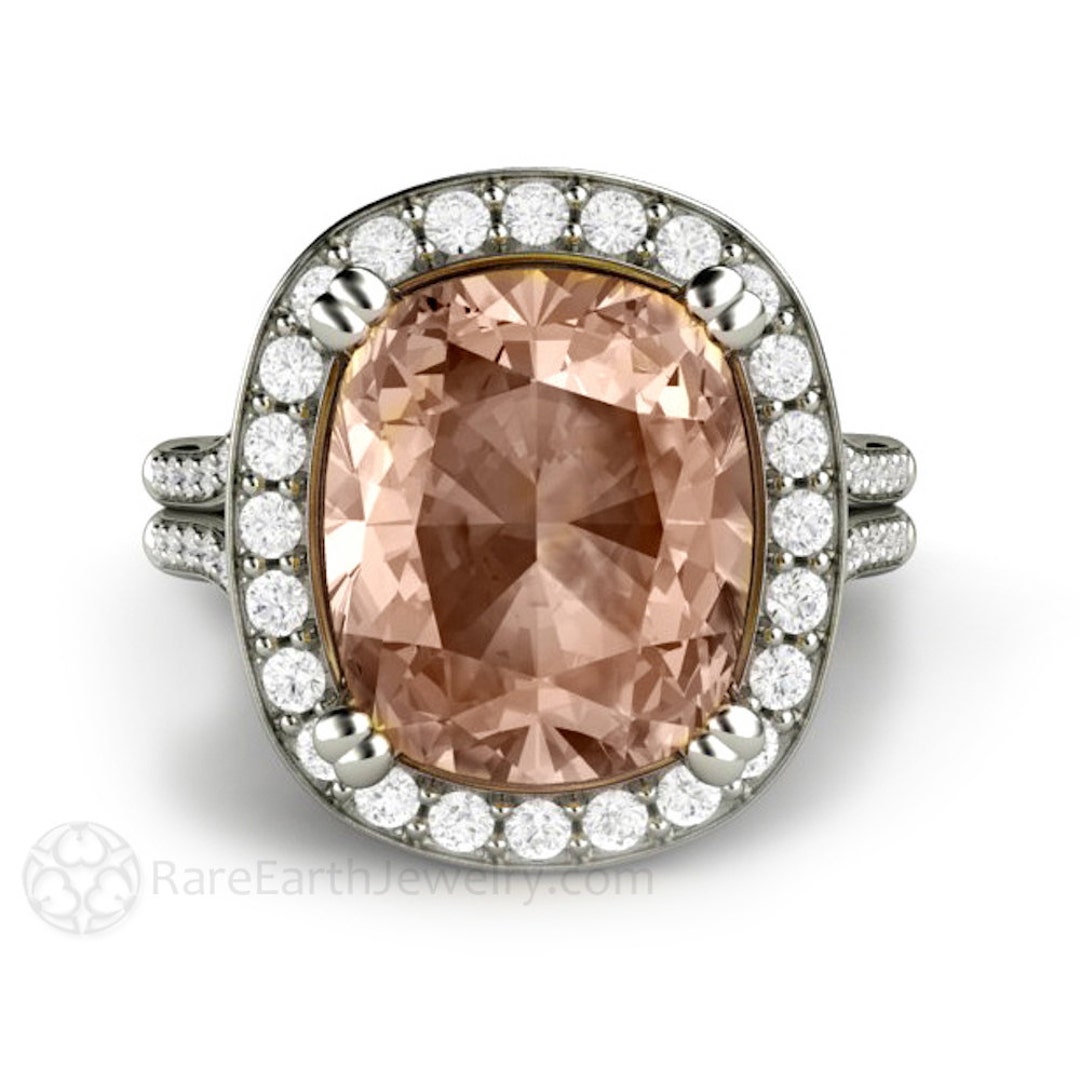 Large Cushion Morganite Ring Morganite Engagement Ring Diamond Halo ...