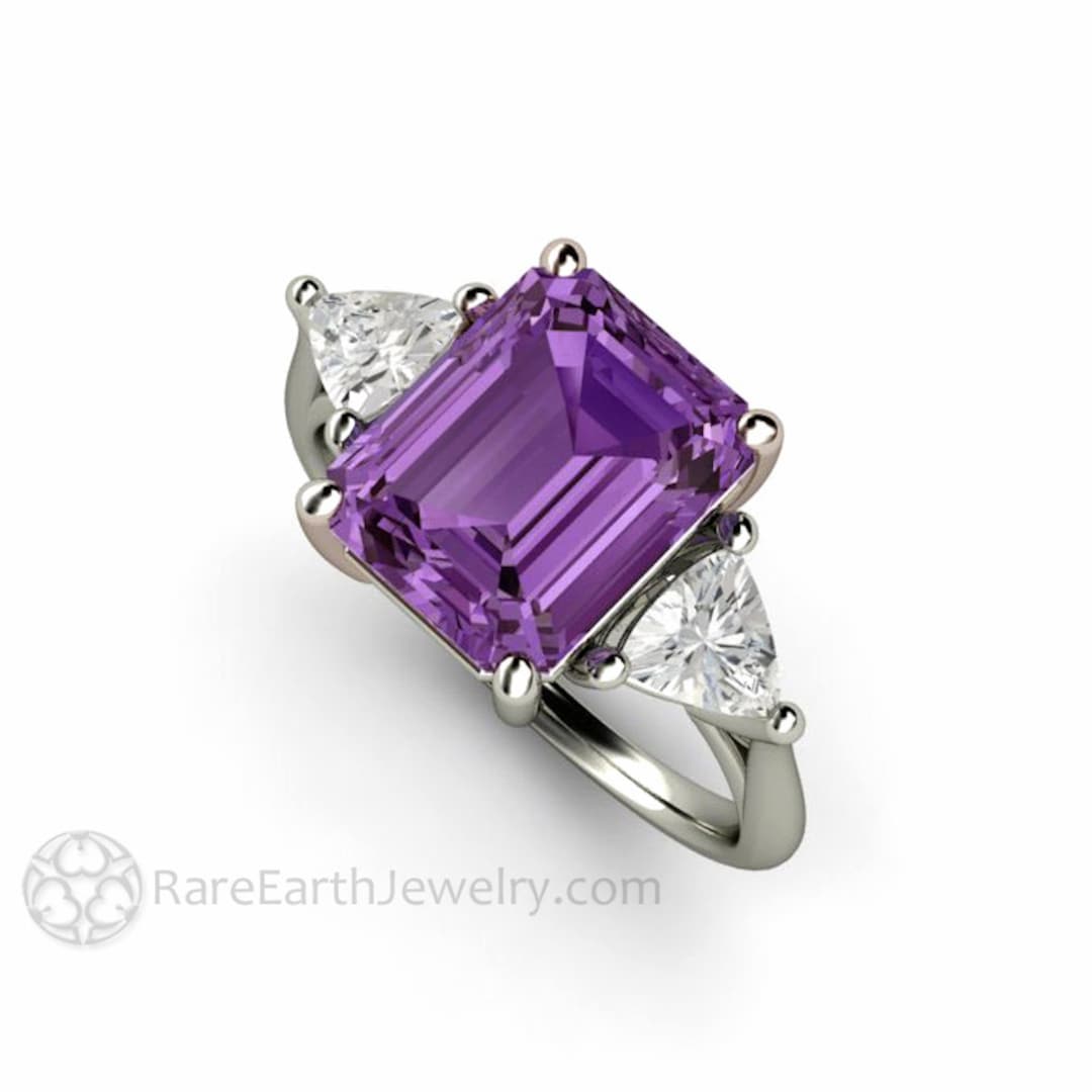 Purple Sapphire Ring Emerald Cut Three Stone Engagement Ring Unique ...