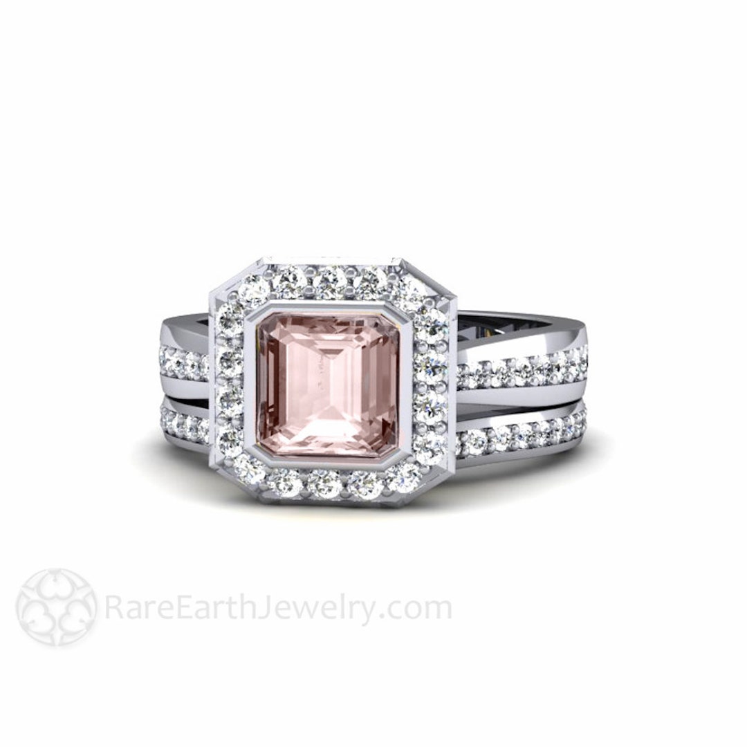 Bezel Asscher Morganite Engagement Ring & Wedding Band 14K Morganite ...