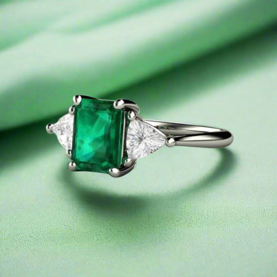 3 Stone Emerald Engagement Ring Emerald Cut With Diamond Trillions May Birthstone Etsy