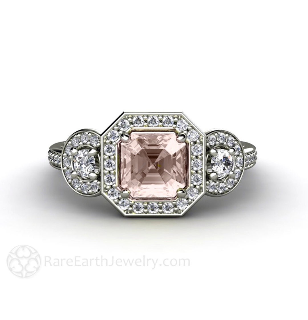 Asscher Morganite Engagement Ring, Three Stone Diamond Halo Ring ...