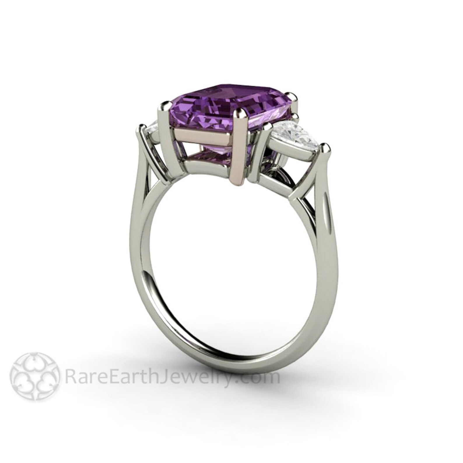 Purple Sapphire Ring Emerald Cut Three Stone Engagement Ring Unique ...