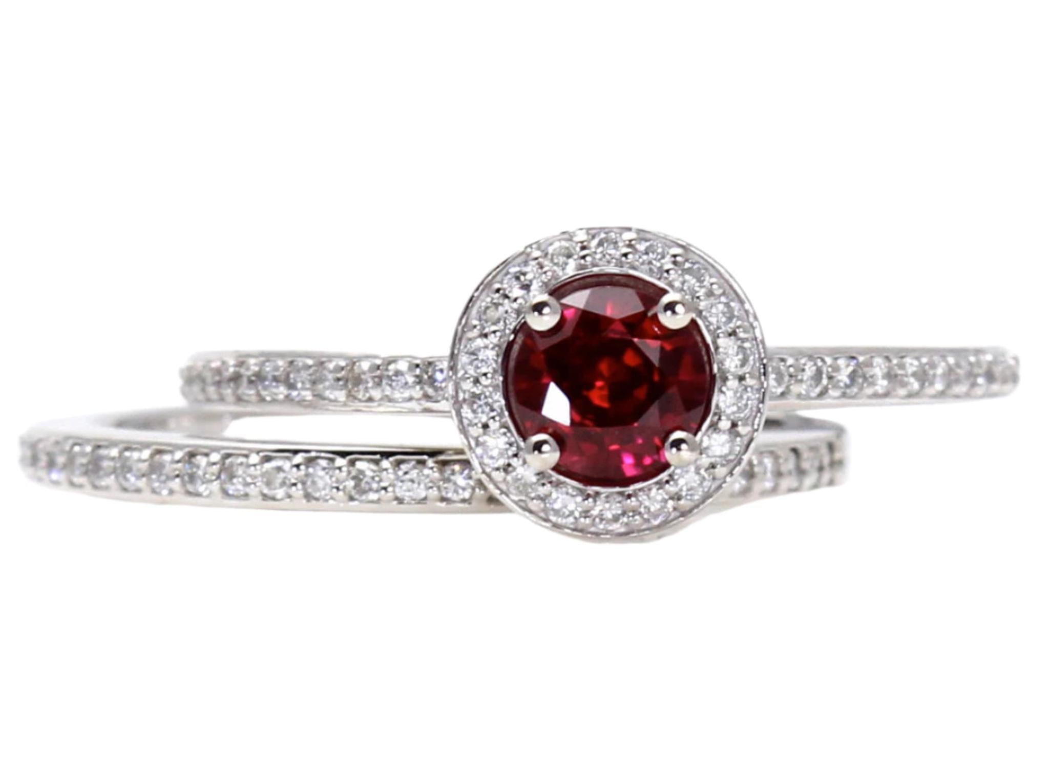 Ruby Engagement Ring Bridal Set Round Ruby Halo Ring 14K or 18K Gold ...