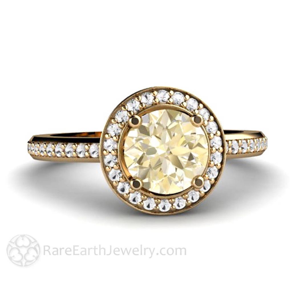 Lemon Citrine Engagement Ring With Diamond Halo Lemon Quartz Ring Light ...
