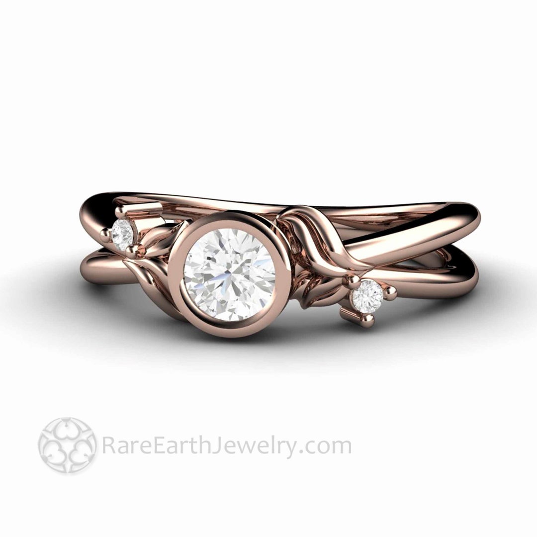 Diamond Engagement Ring Bezel Set Diamond Ring With Leaf Design Leaves ...
