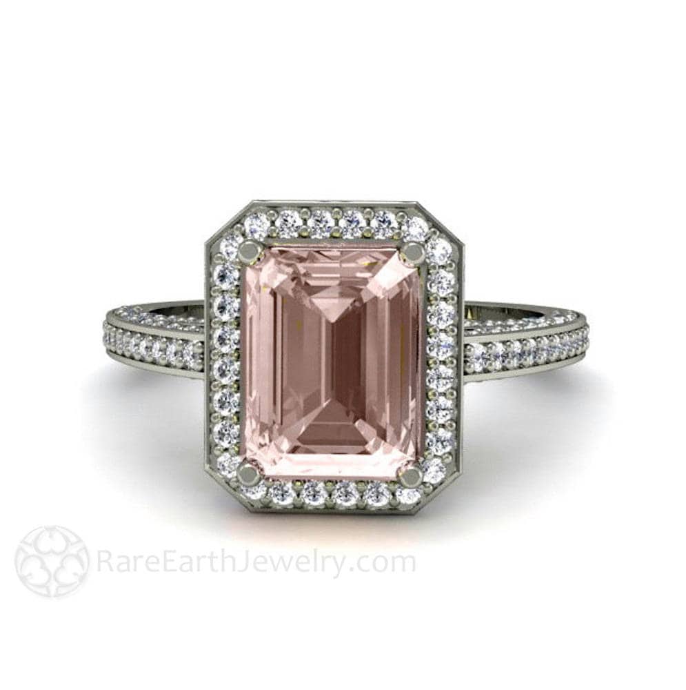 Emerald Cut Morganite Engagement Ring with Pave Diamond Halo | Etsy