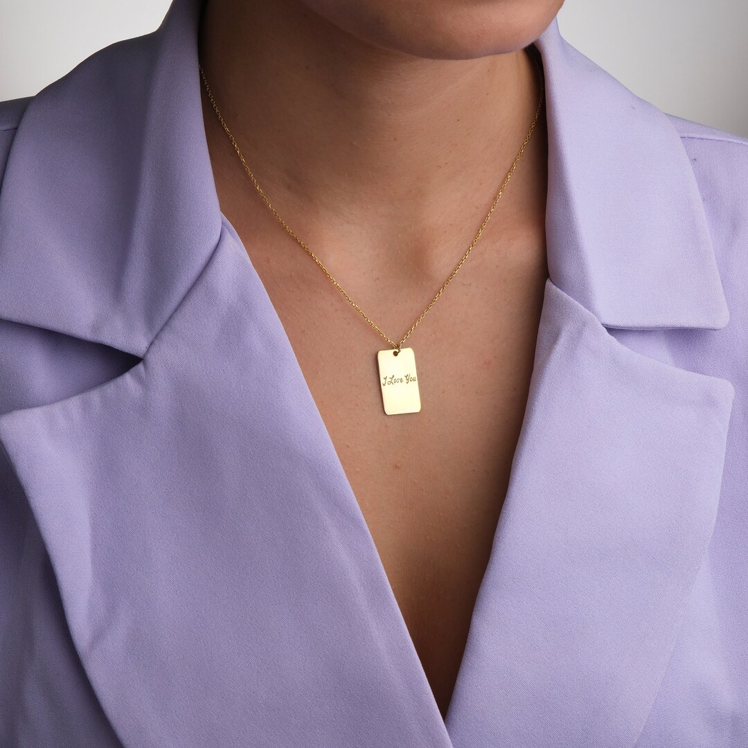 14K Gold Rectangle Name Necklace, Custom Sentence Necklace, Handmade ...