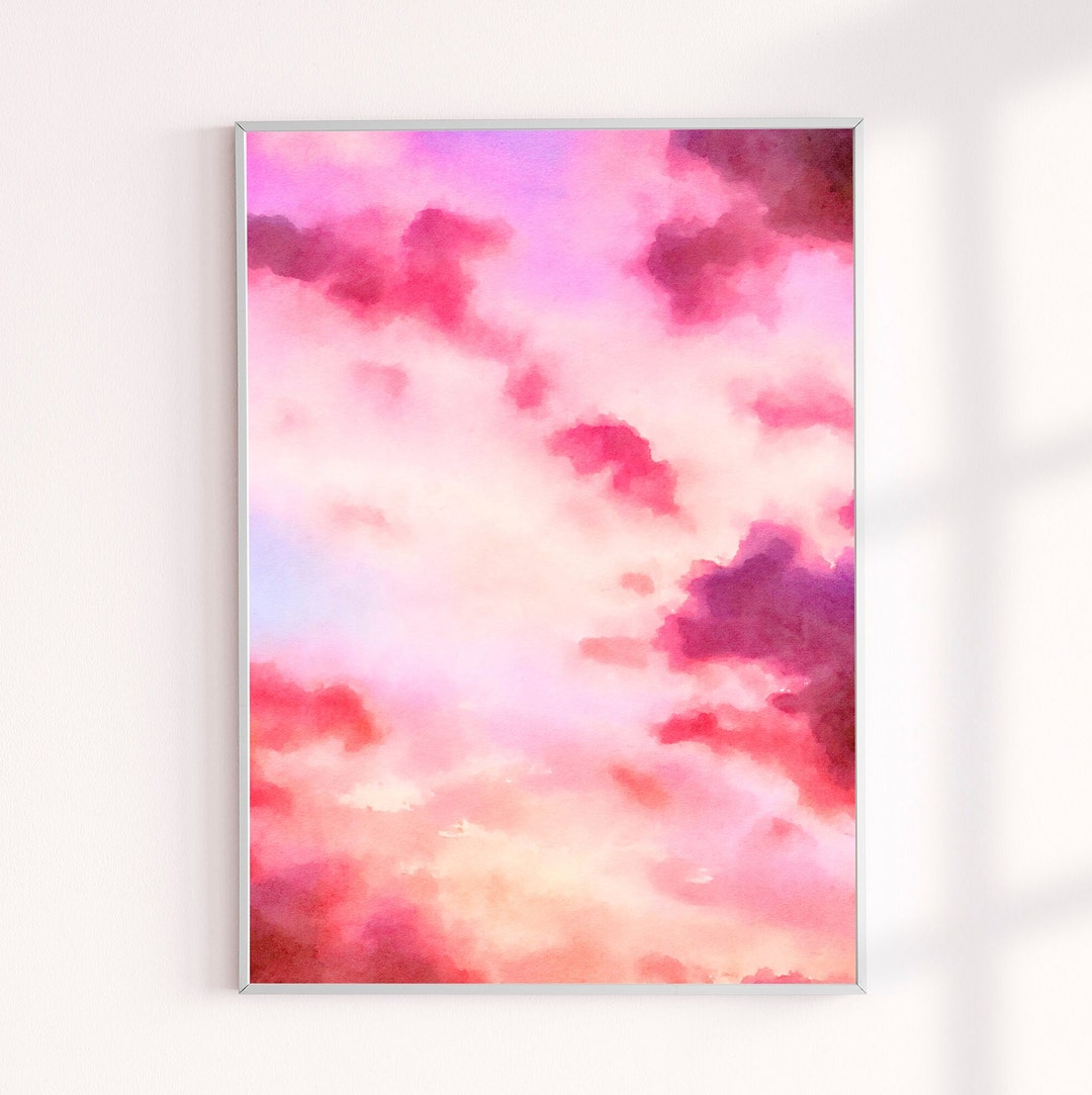 Pink Sky Sunset Watercolor Painting Print, Modern Landscape Wall Decor ...