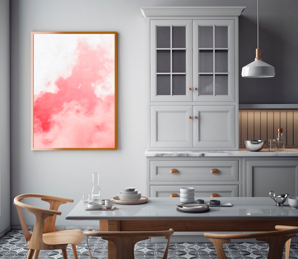 Pink Sky Moon Watercolor Painting Print, Modern Landscape Wall Decor ...