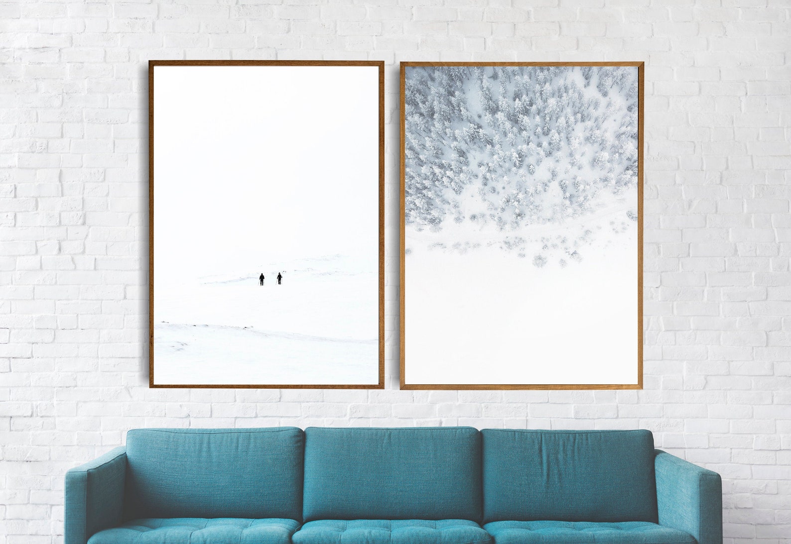 Modern Diptych Wall Art Set of 2 Winter Couple Skiing Prints, Snow ...