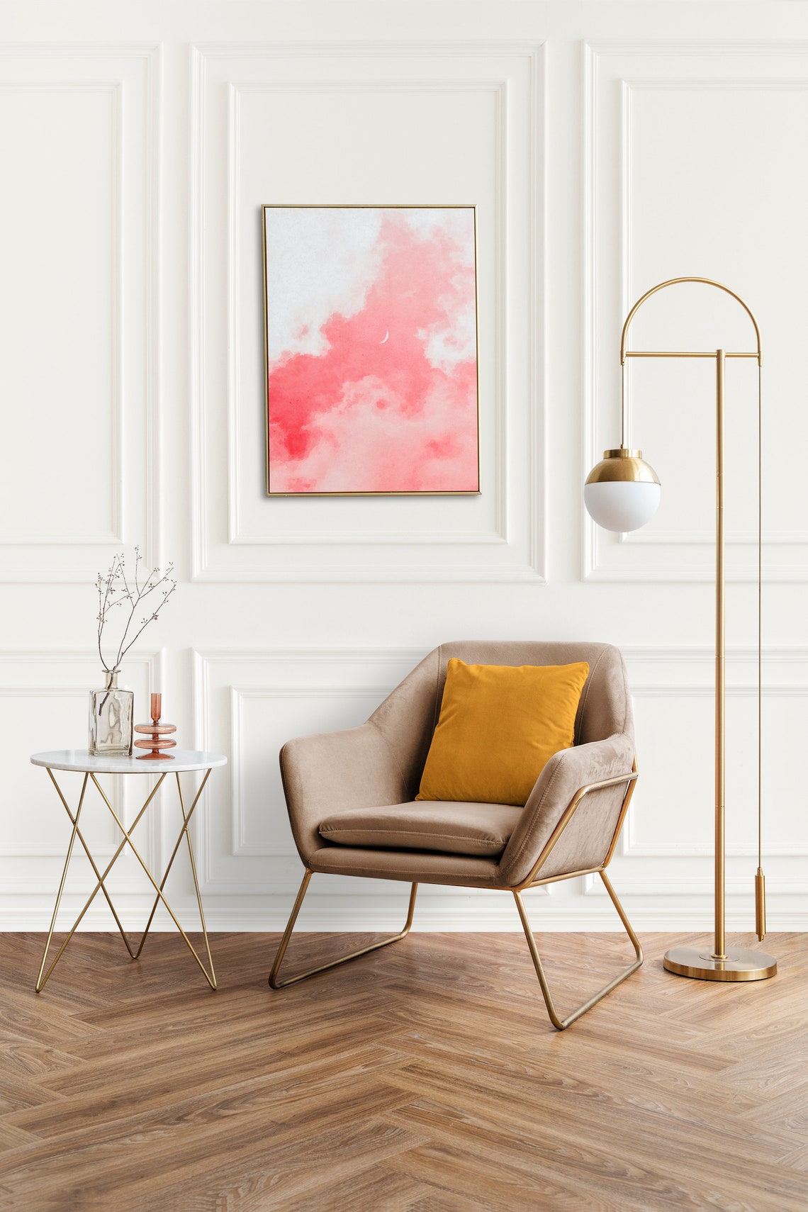 Pink Sky Moon Watercolor Painting Print, Modern Landscape Wall Decor ...