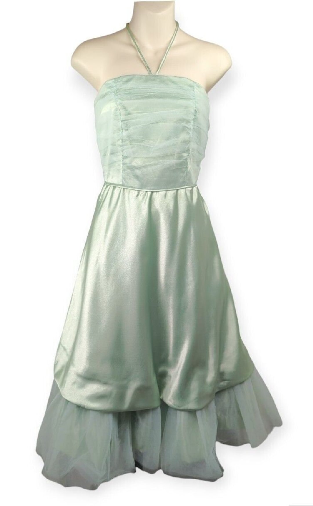 Vintage 50s Tulle Prom Dress Seafoam Green Satin Silk Halter Ruched ...