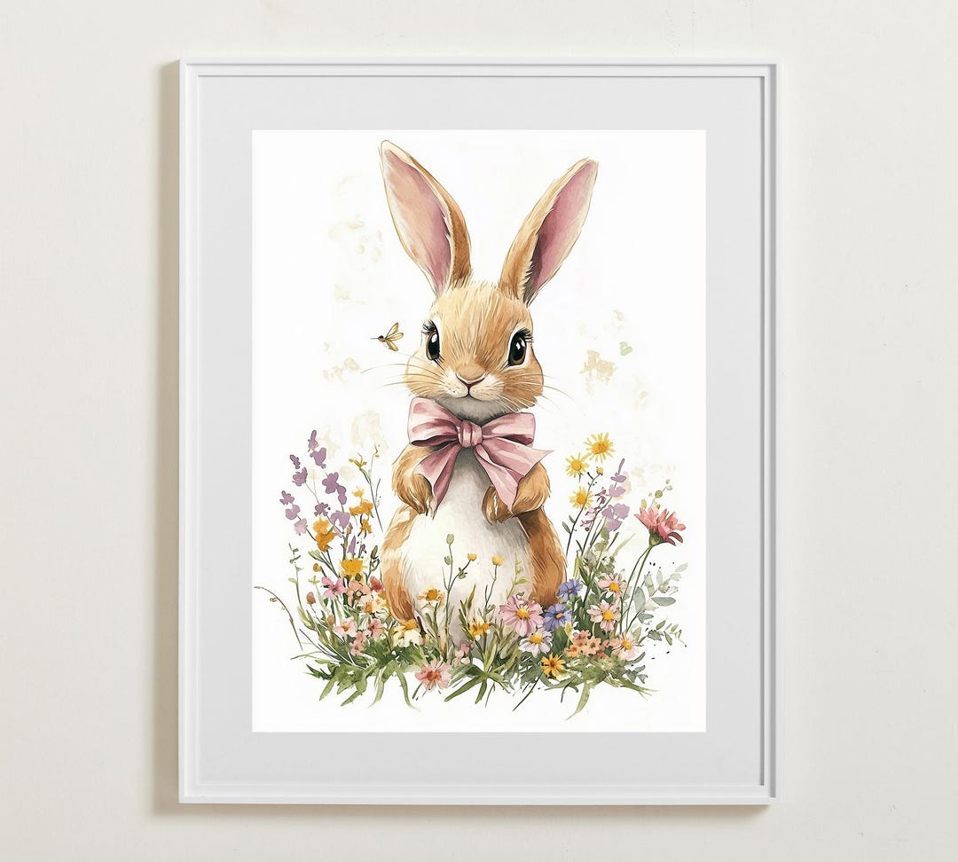 Easter Rabbit Printable Wall Art, Rabbit and Wildflowers Print, Spring ...