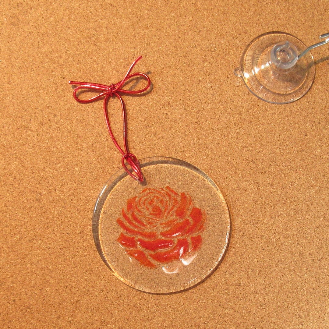 Fused Glass Rose Sun Catcher, Red Glass Rose Circle, Fused Glass Flower ...