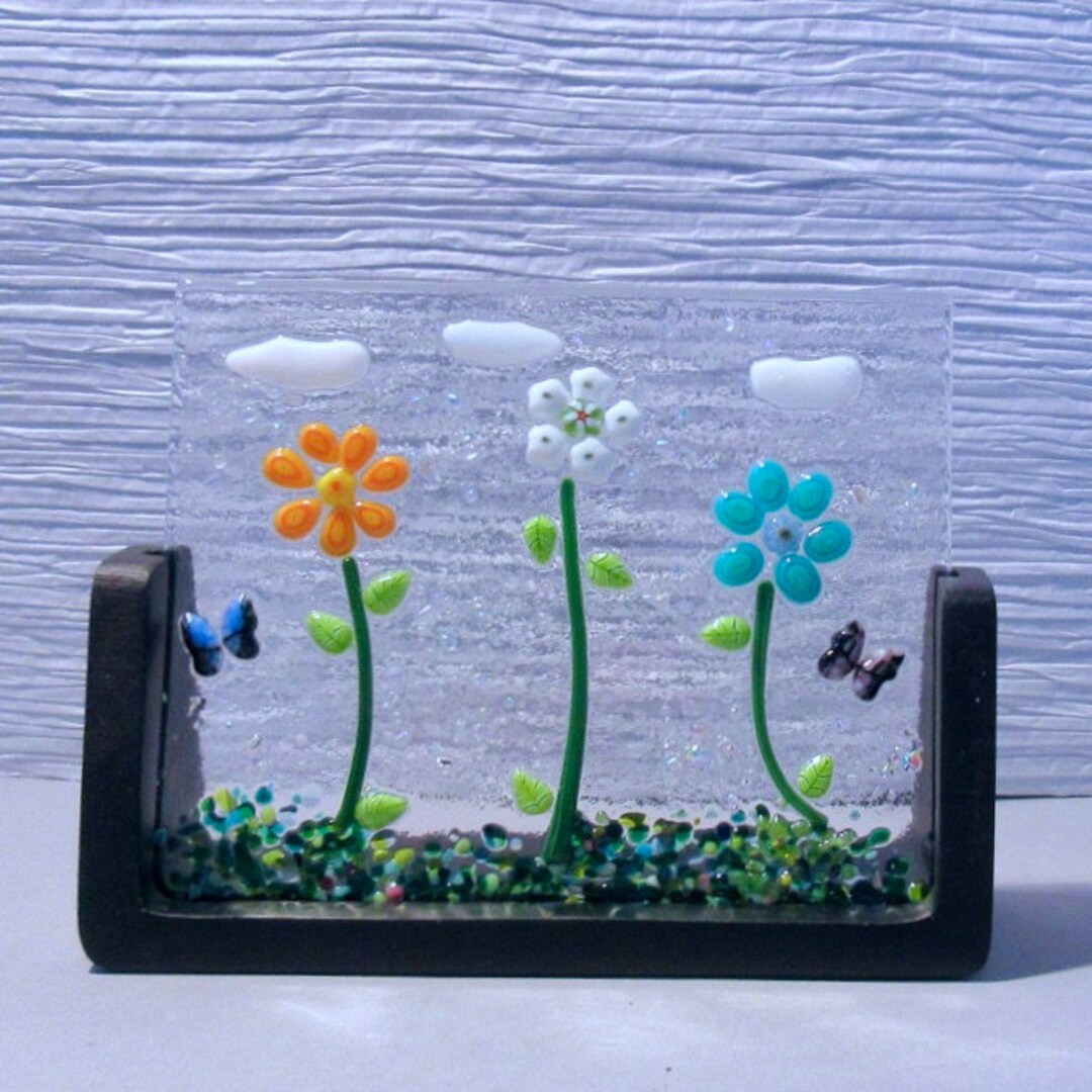 Fused Glass Spring Flower Panel, Glass Orange, White, Green Flower ...
