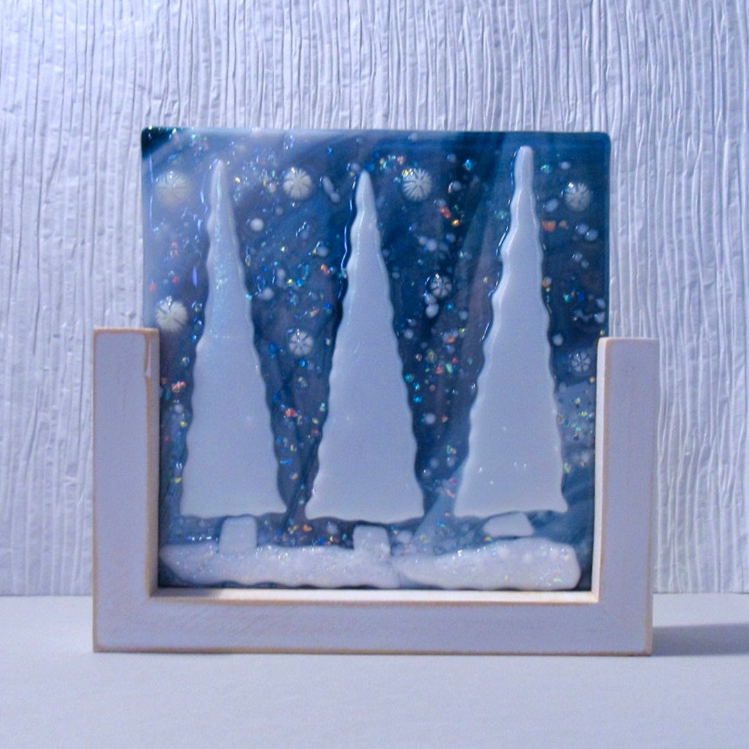 Fused Glass Winter Scene in Wood Stand, White Iridescent Trees ...