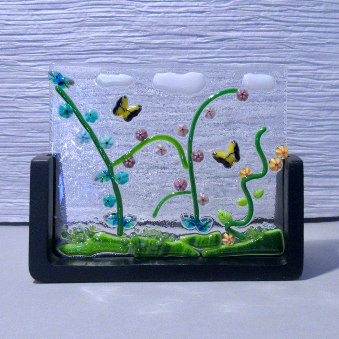 Fused Glass Flower Panel in Wood Stand, Glass Garden Scene, Dichroic ...