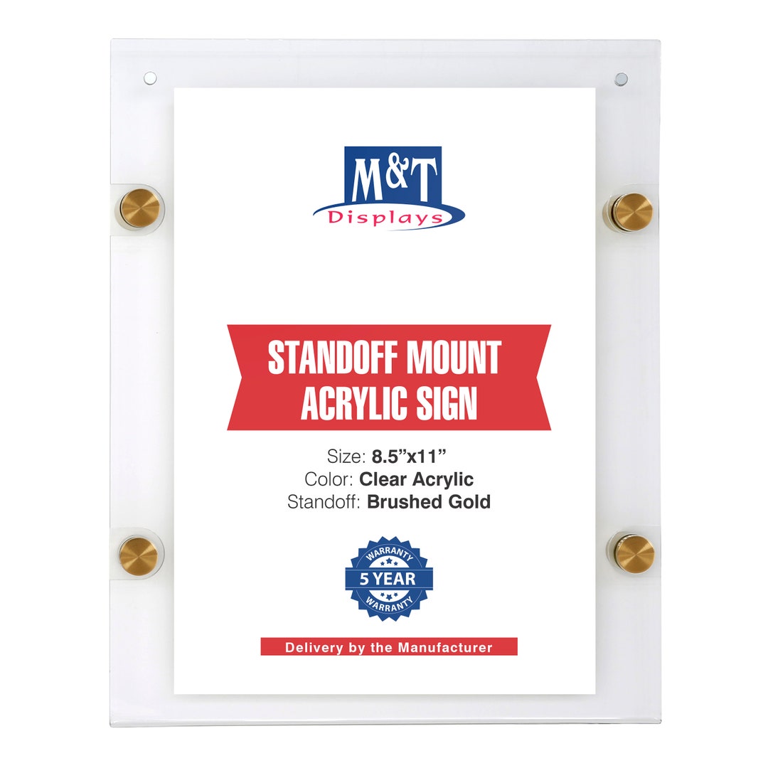M&T Displays Wall Mount Clear Acrylic Frame Brushed Gold Standoff Sign ...