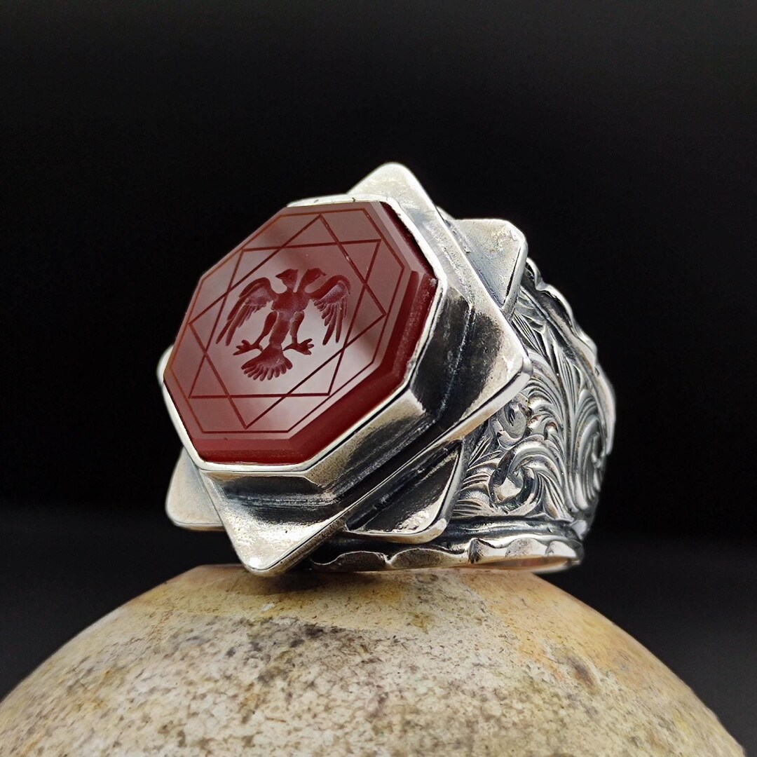 Double Headed Eagle Carved Agate, Establishment Osman Bey Series Ring ...