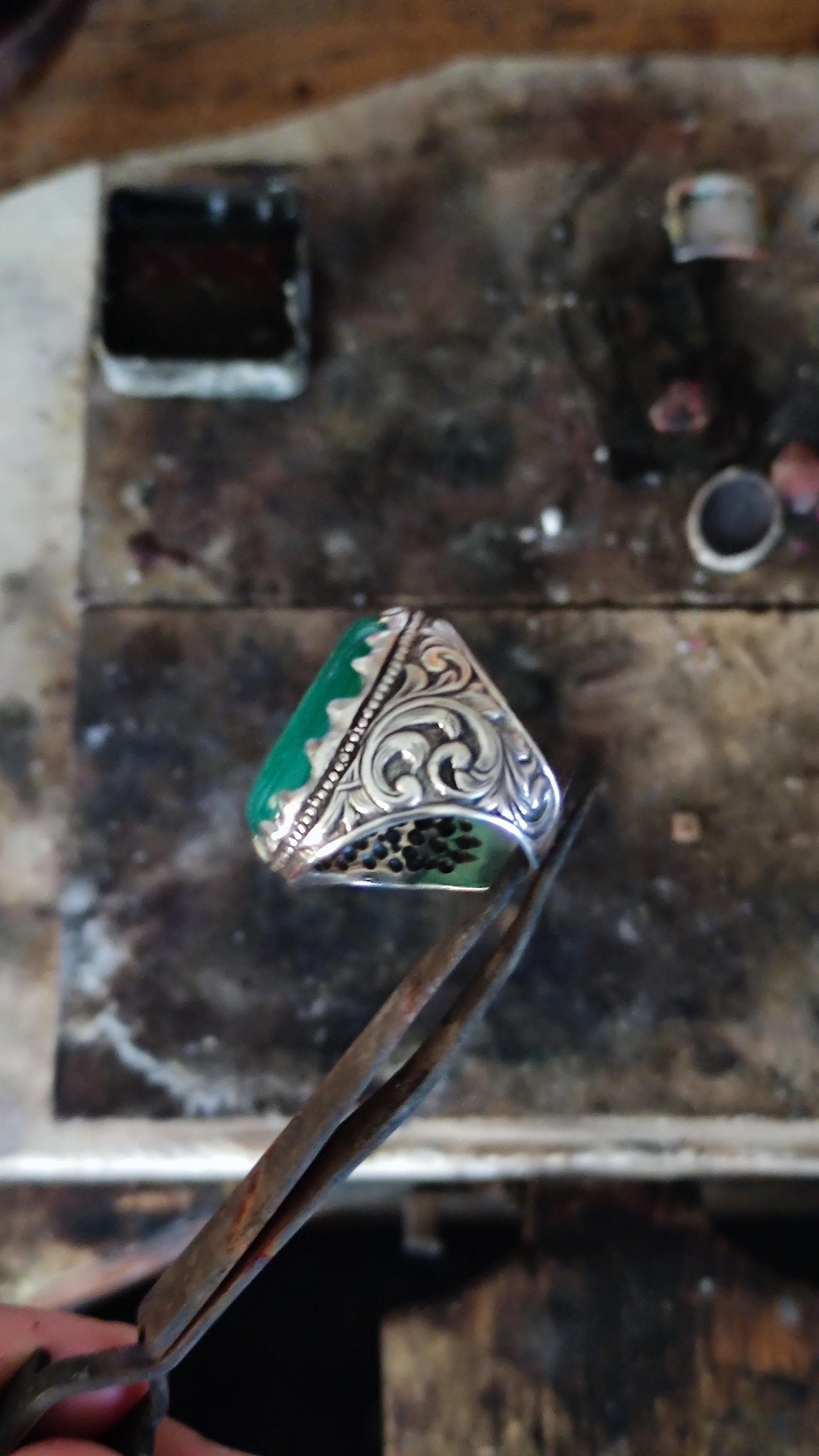 Islamic Silver Men's Ring, Kalima-i Tawhid Hand-engraved Natural Jade ...