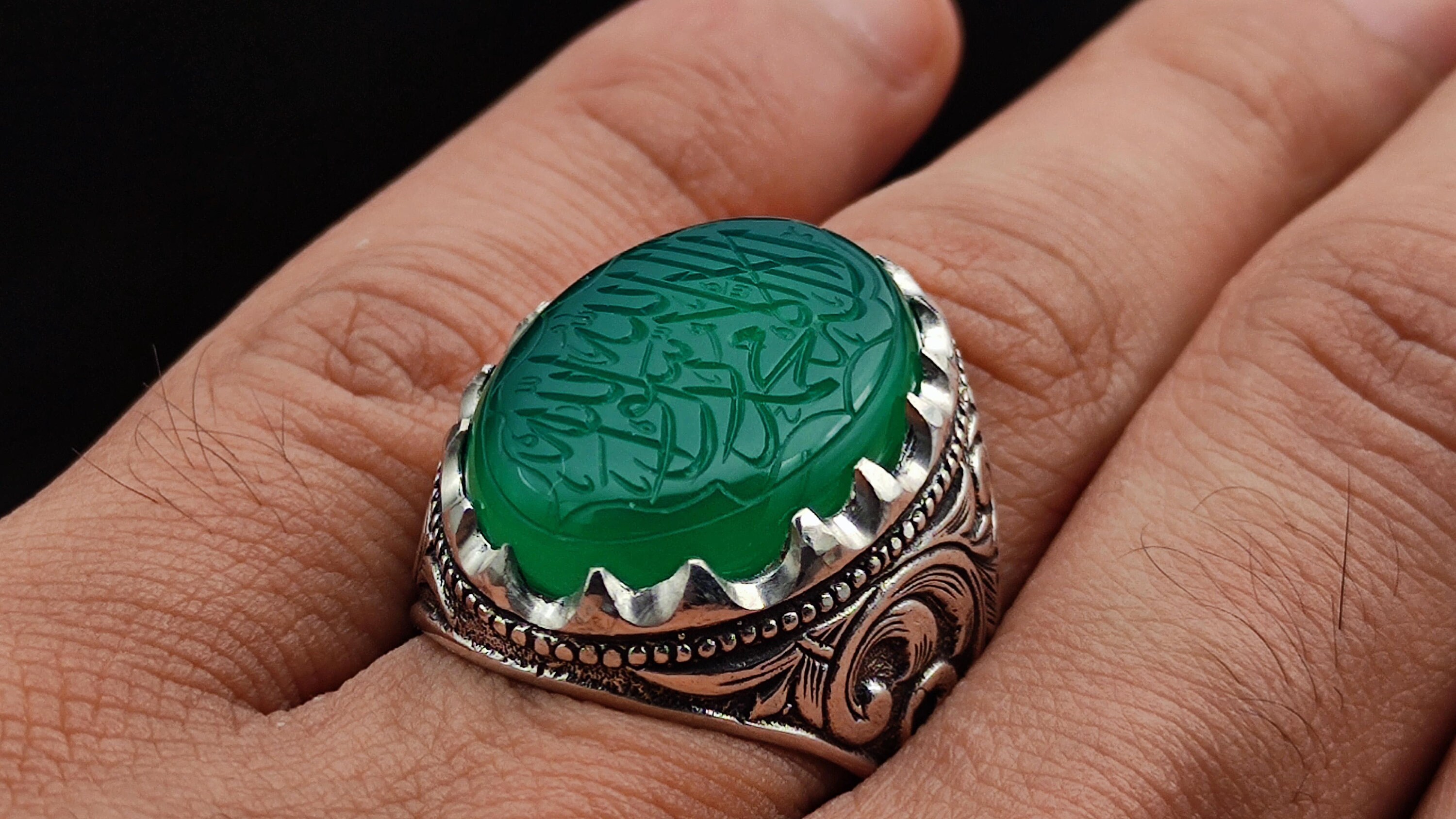 Kalima-i Tawhid Hand-engraved Natural Jade Stone, Islamic Silver Men's ...