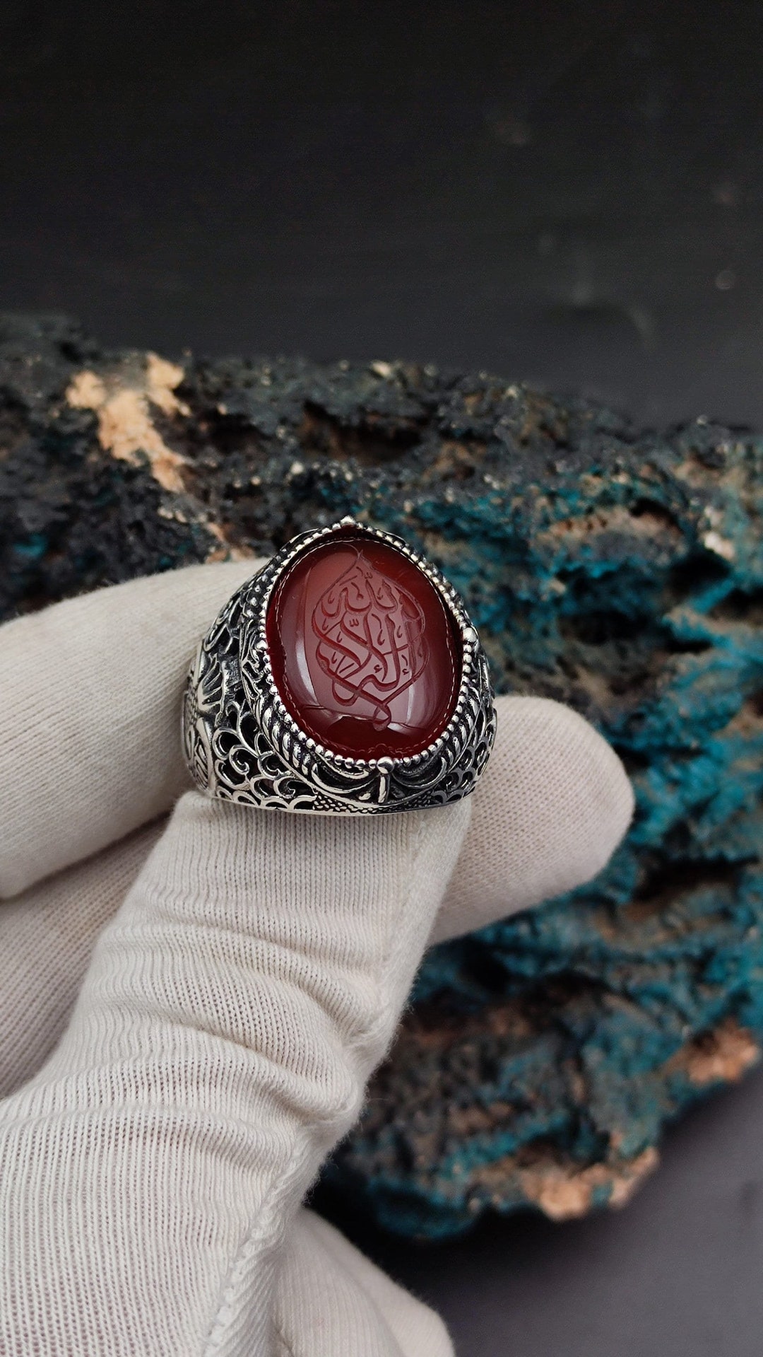 Mens Islamic Ring, Kalima-i Tawhid Hand-engraved Natural Agate Aqeeq ...