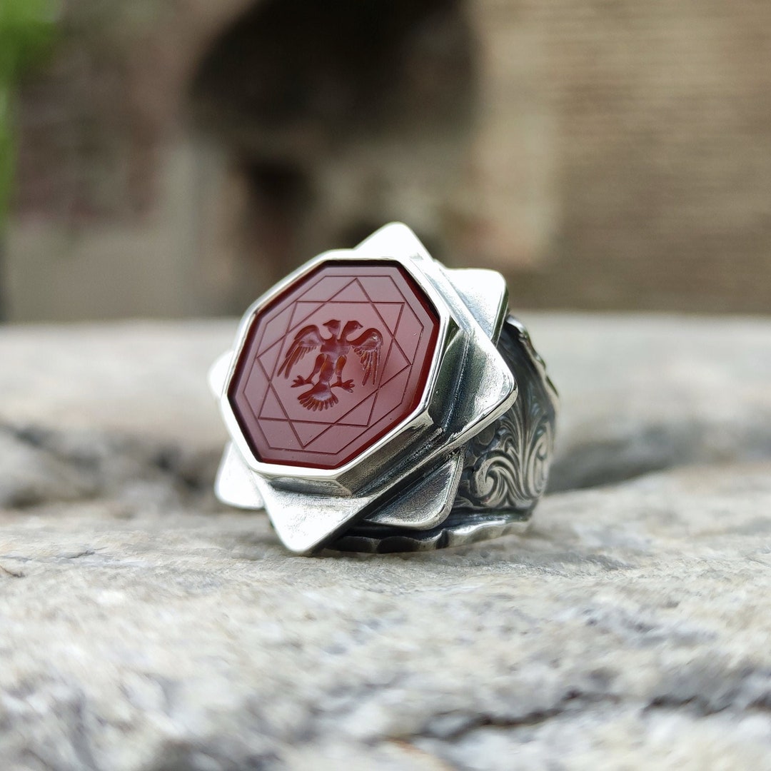 Double-headed Eagle Carved Agate, Establishment Osman Bey Series Ring ...