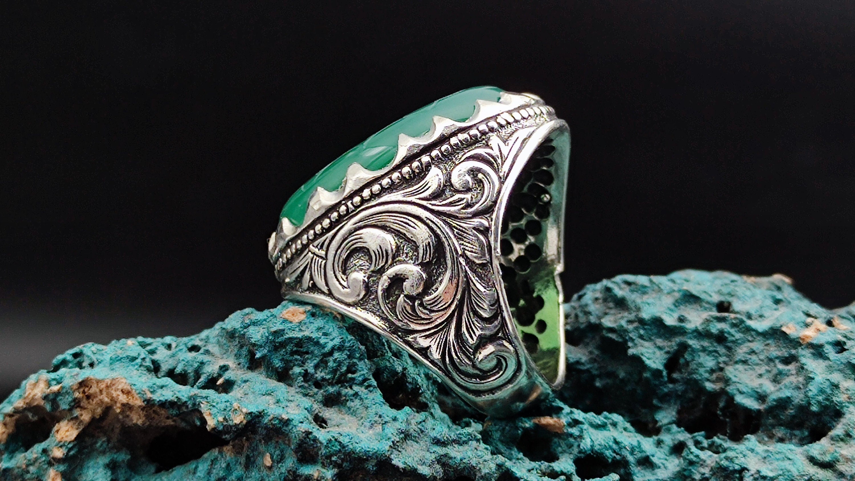 Islamic Silver Men's Ring, Kalima-i Tawhid Hand-engraved Natural Jade ...