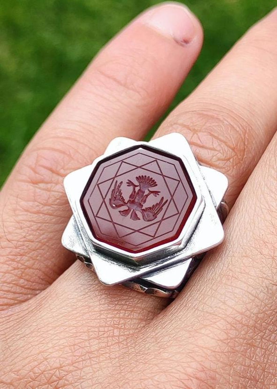 Double Headed Eagle Carved Agate, Establishment Osman Bey Series Ring ...