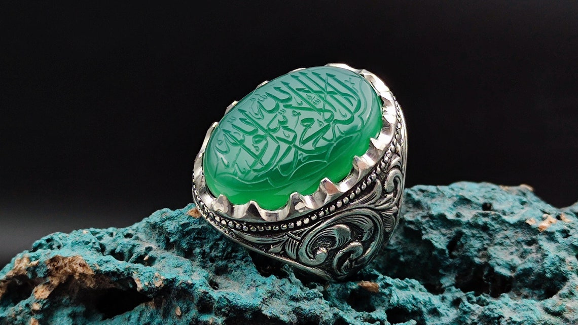 Islamic Silver Men's Ring, Kalima-i Tawhid Hand-engraved Natural Jade ...