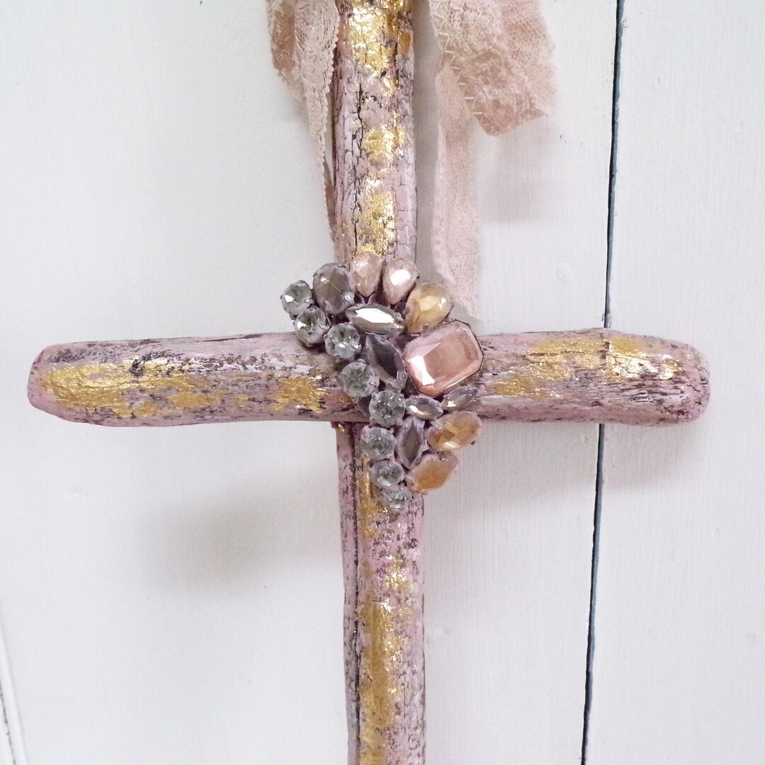 Maritime Rose Distressed Wood Wall Cross Rhinestones Gold Leaf Accents ...