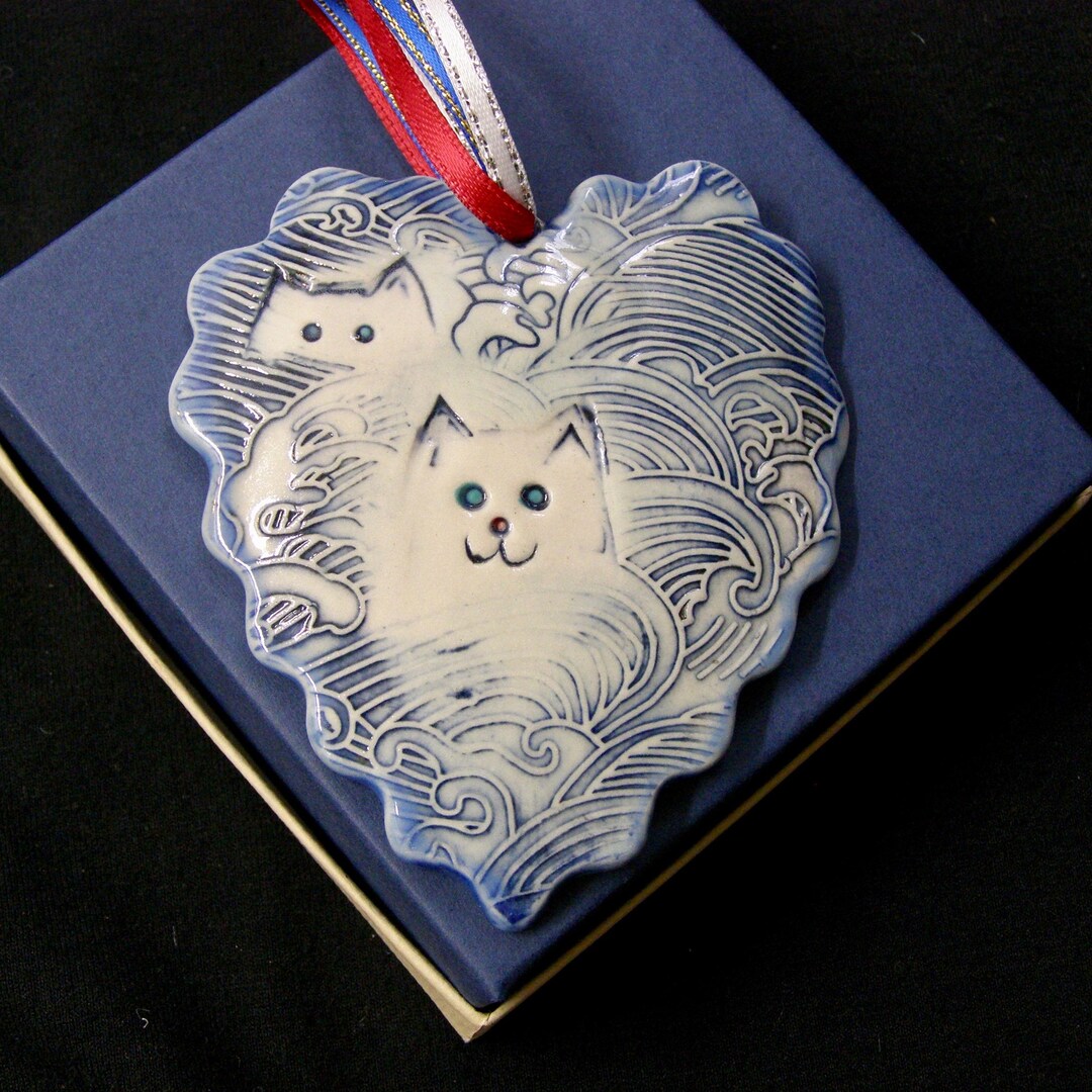 Blue Wave and Cats Ceramic Ornament, White Cats, Cats in Ocean, Blue ...