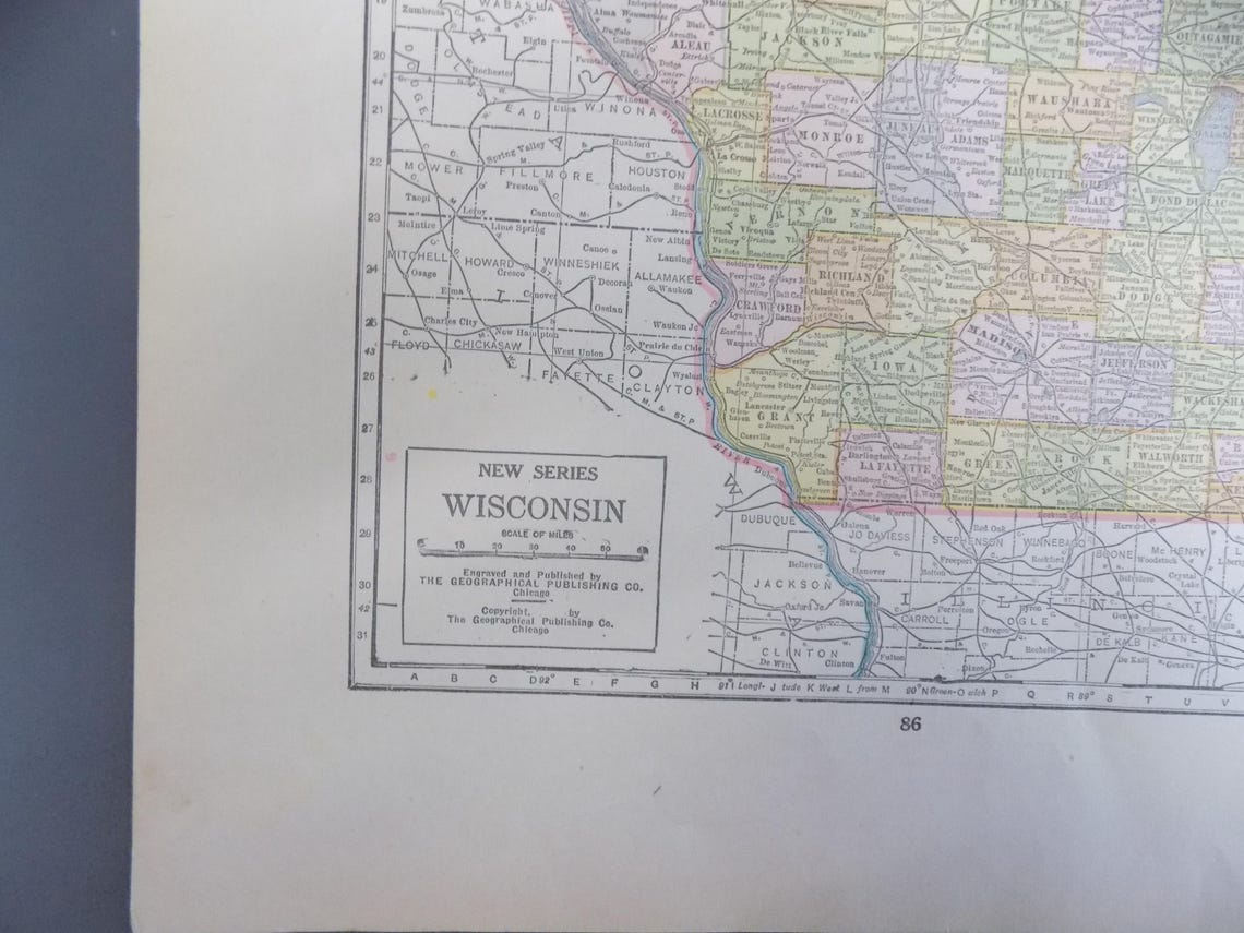 Map, United States, Wisconsin, Geographical Map Company - Etsy