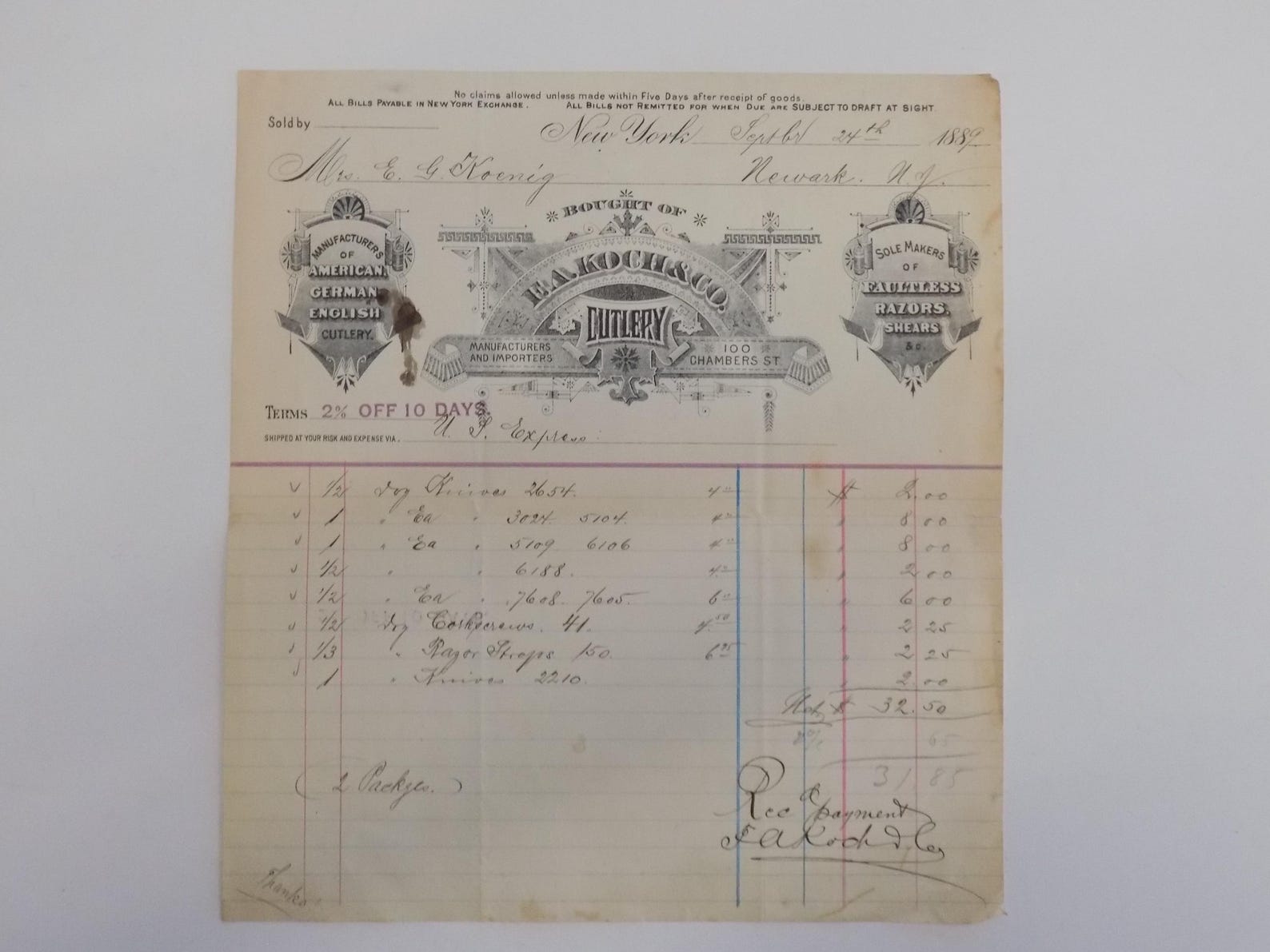 FREE SHIPPING!!!! Billhead, Receipt, Invoices, Ephemera, Cutlery ...