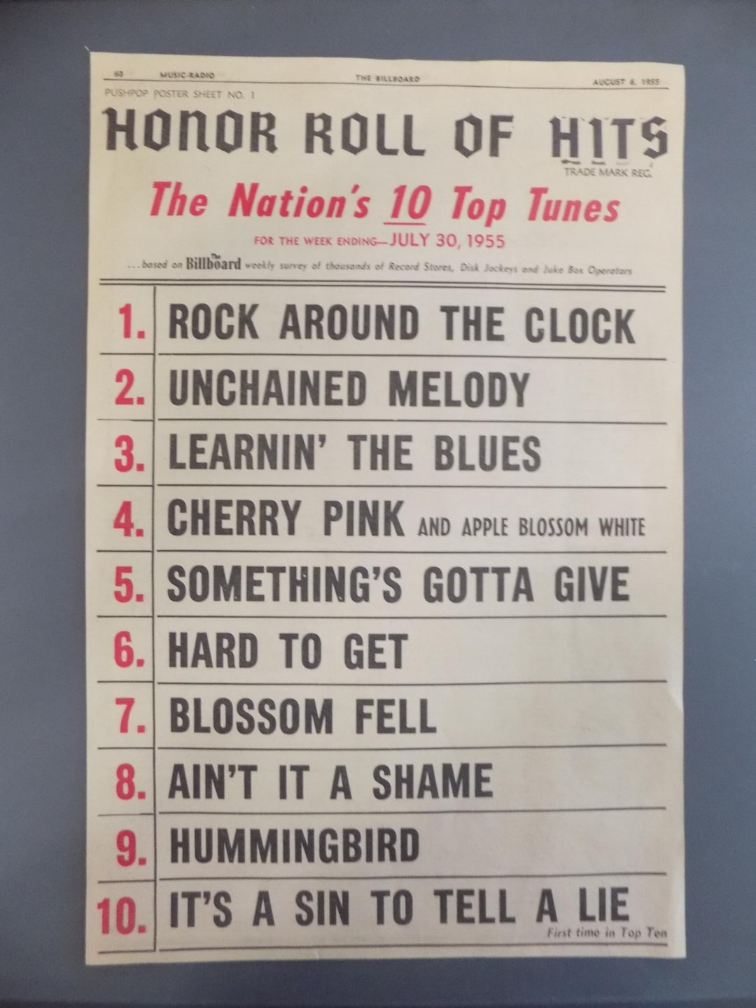 Billboard Magazine, 1955, Honor Roll of Hits, ONE PAGE - Etsy