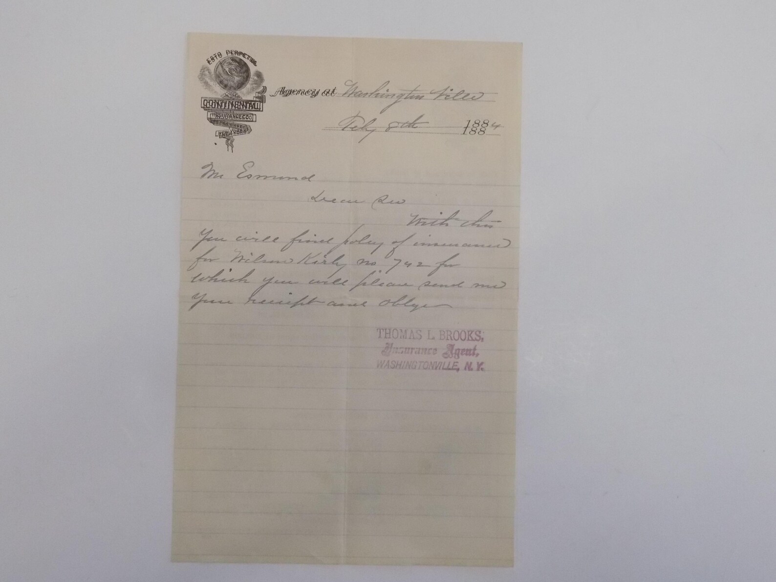Letters, Correspondence, 1800's, Memo, Mail, Continental Insurance Co ...
