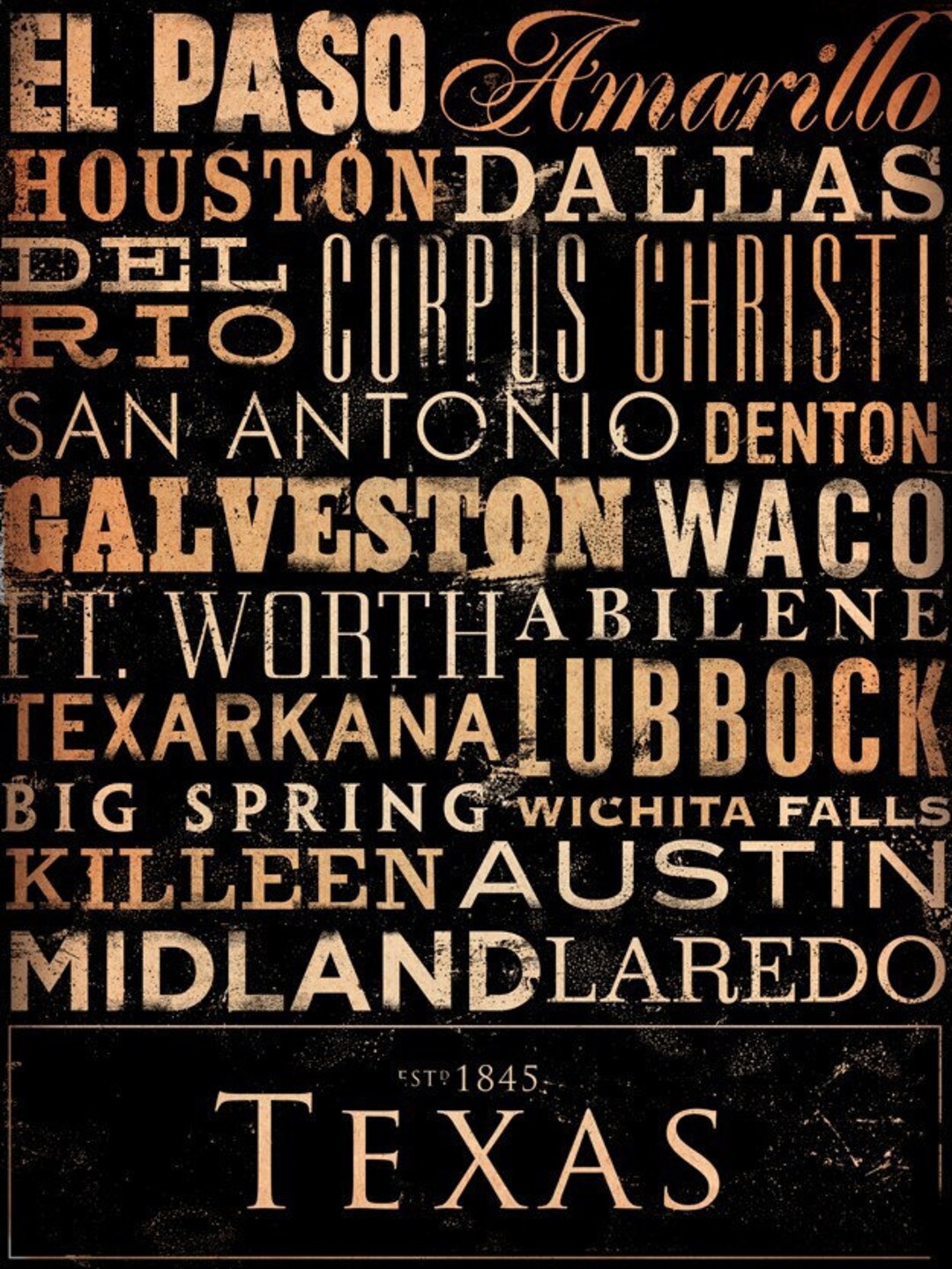 Texas Cities Typography Handmade Graphic Canvas Artwork by Gemini ...