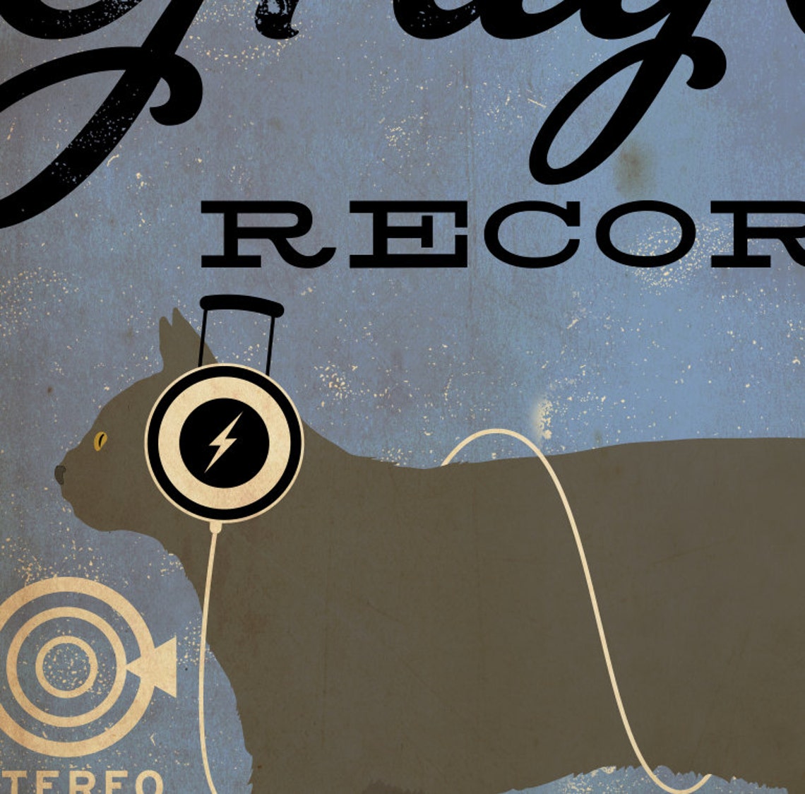 Grey Gray CAT Records Original Graphic Illustration Art on - Etsy