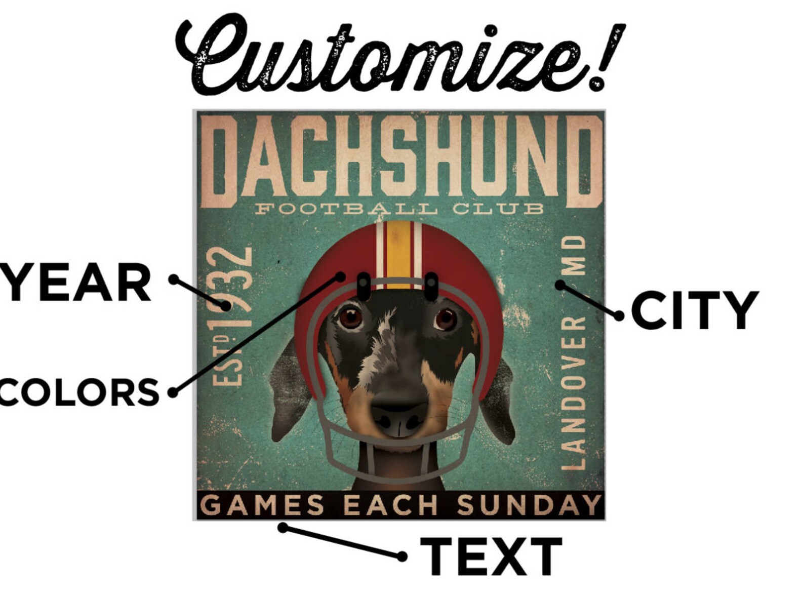 Dachshund Football Dog Football Club Art Giclee Archival Signed Print ...