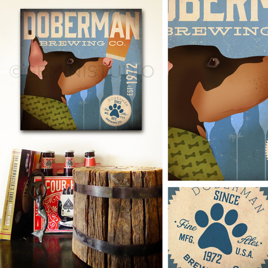 Doberman Pinscher Dog Brewing Beer Company Graphic Illustration on ...