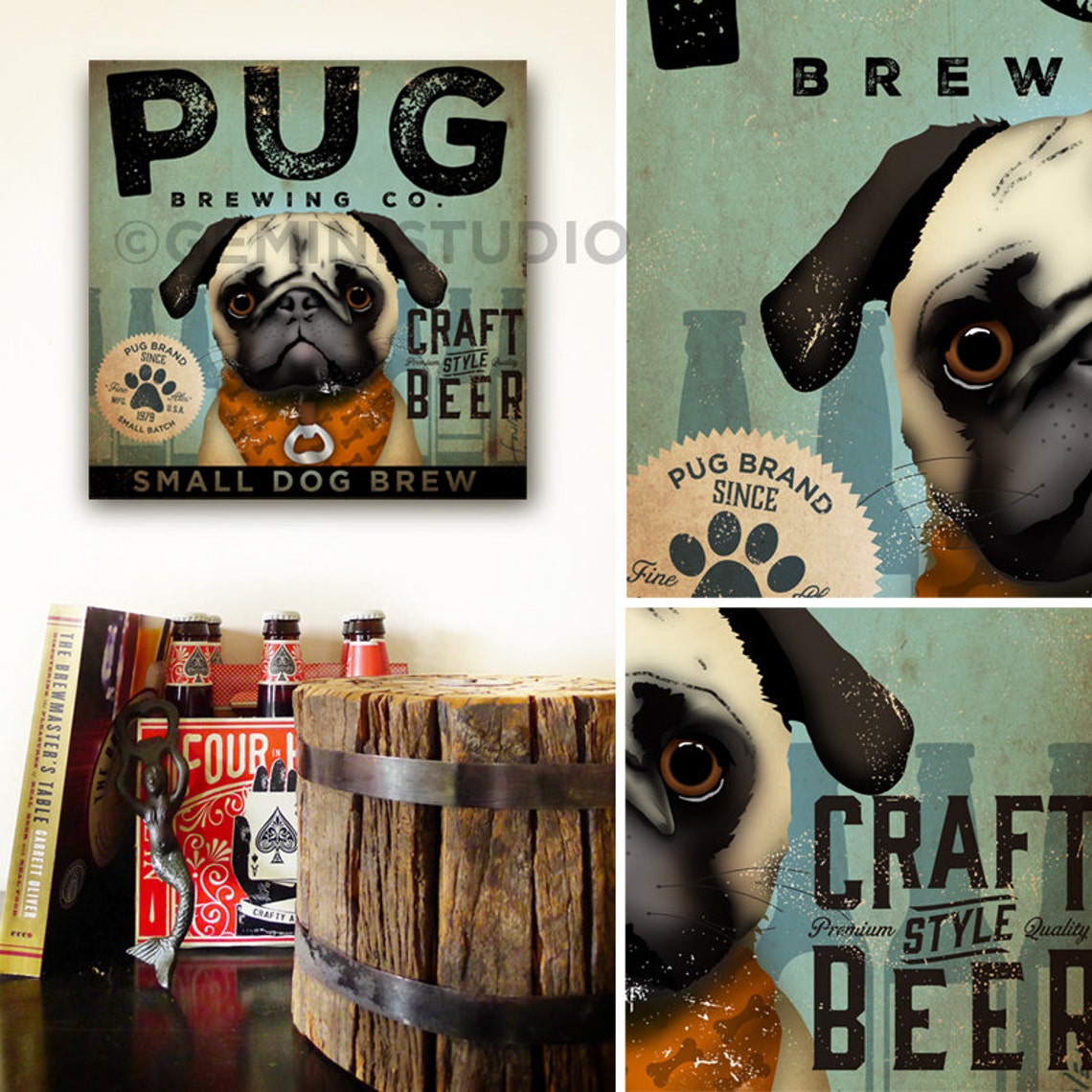 Pug beer brewing company graphic art on canvas panel by | Etsy