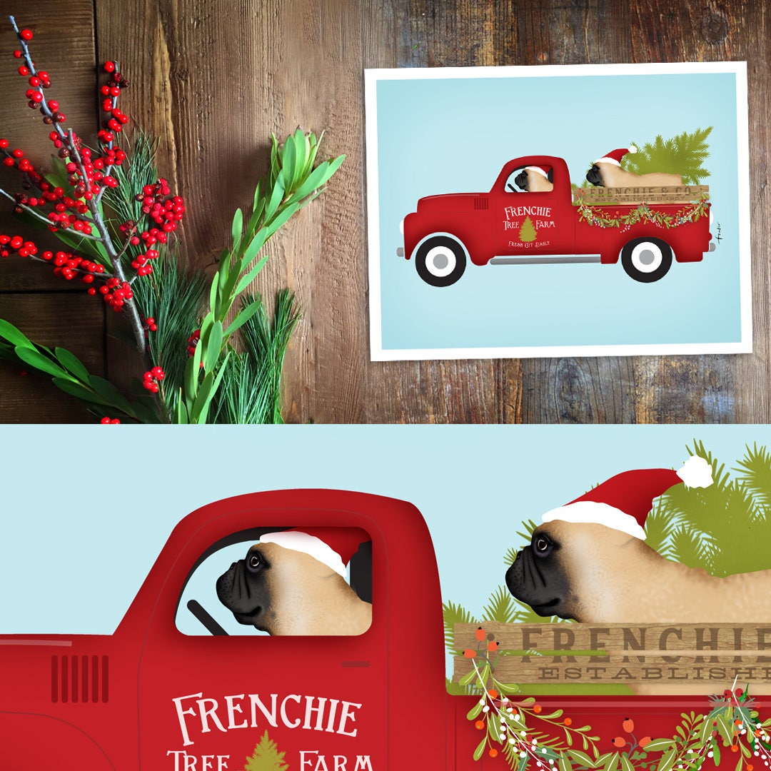 Frenchie French Bulldog Dog Tree Farm Red Truck Christmas Holiday ...