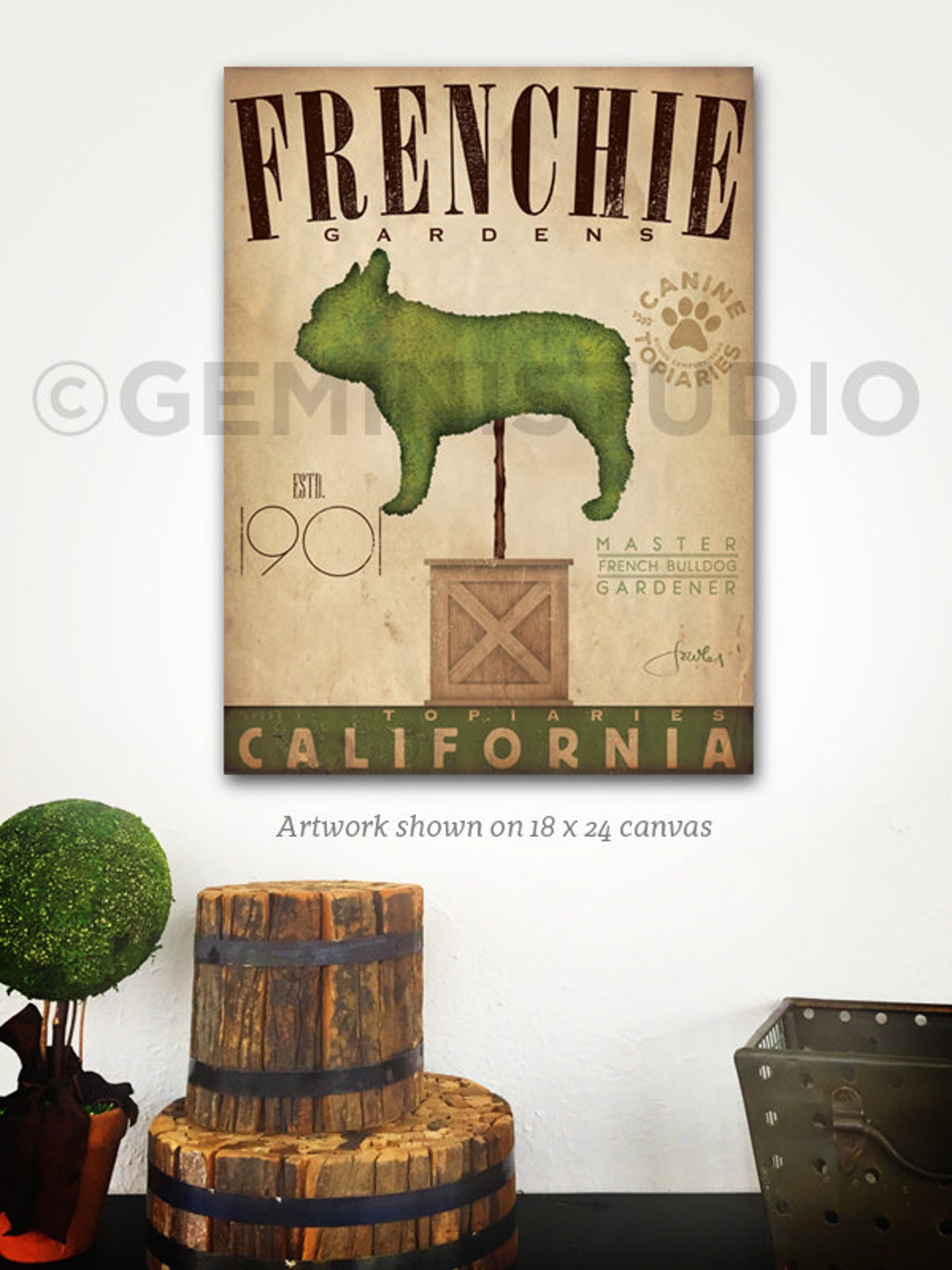 Frenchie French Bulldog Dog Topiary Garden Illustration Graphic Art on ...