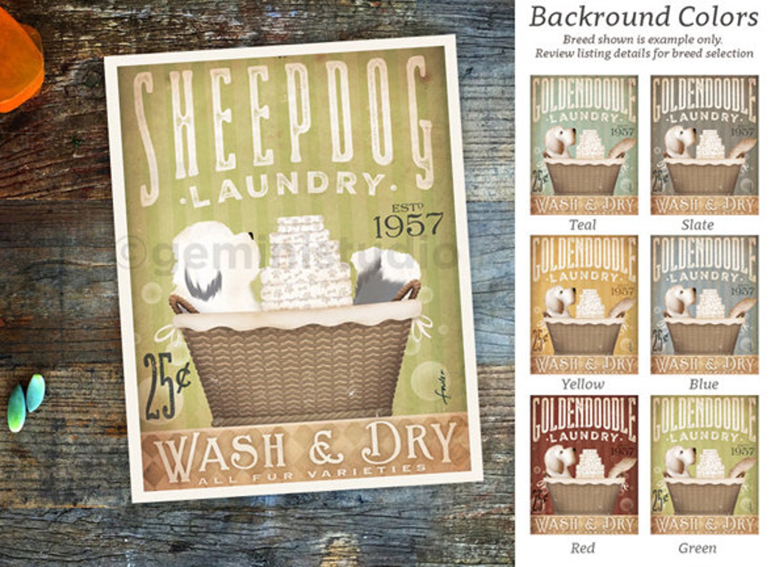 Old English Sheepdog Laundry Basket Company Laundry Room Artwork Signed ...