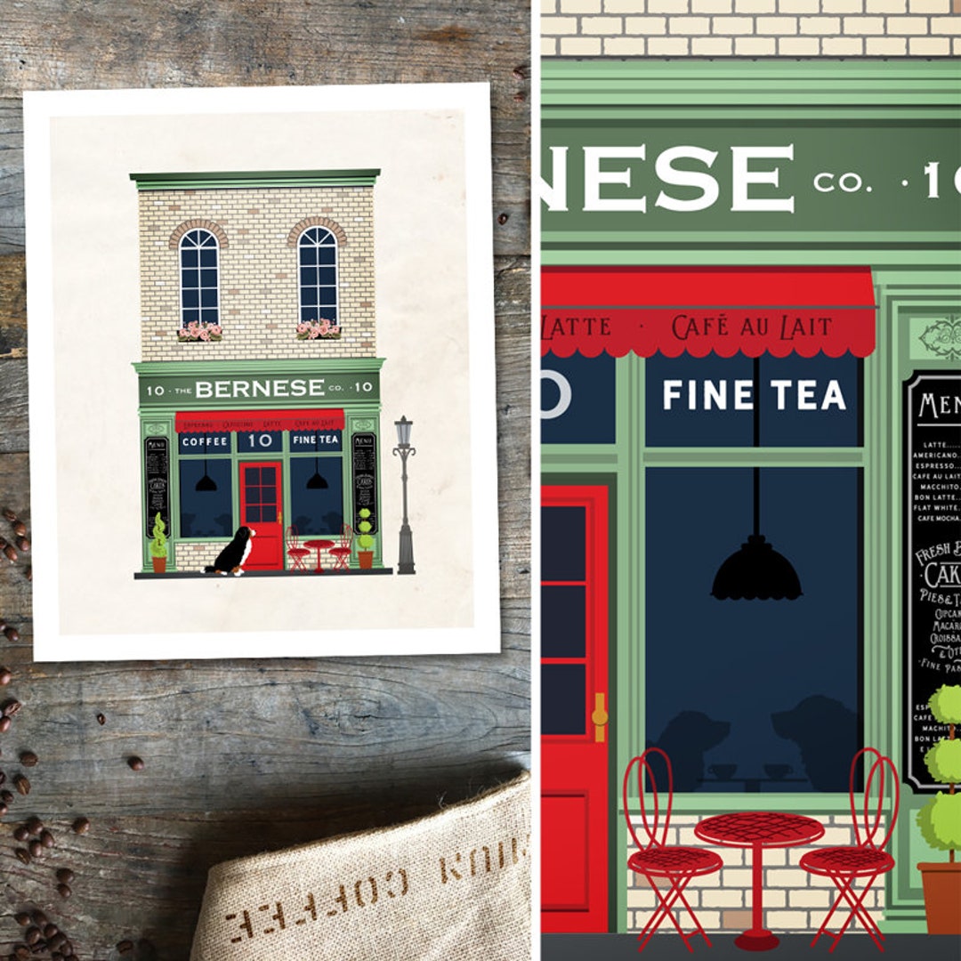 Bernese Mountain Dog Berner Dog Coffee Tea Shop Storefront Graphic Art ...