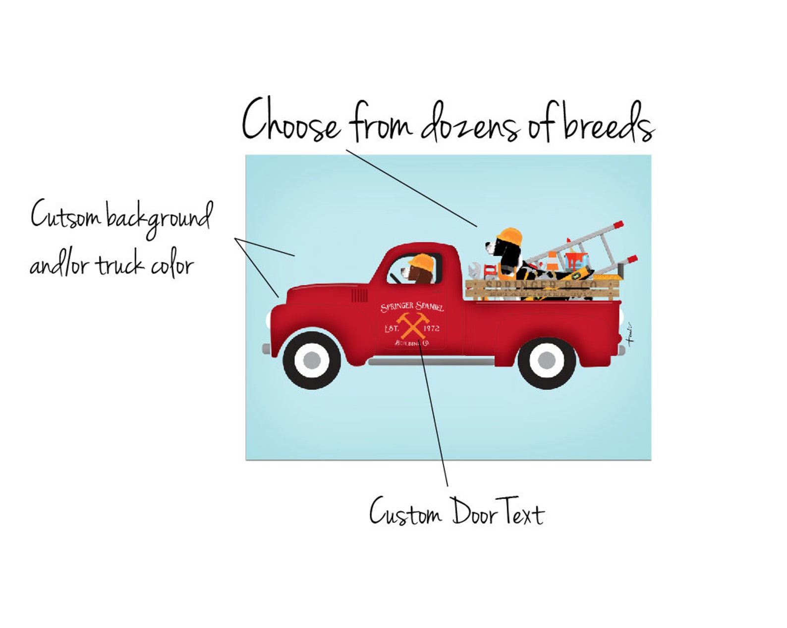 Springer Spaniel Construction Red Truck Dog Art Springer | Etsy